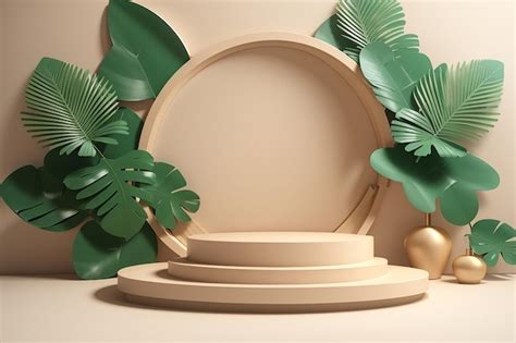 3d 배경 제품 디스플레이 포디움 장면과 잎 기하학 플랫폼 배경 터 3d 렌더링과 포디움 스탠드 화장품을 보여주기 위해 3d 스테이지 쇼케이스 베이지 배경 프리미엄 Ai