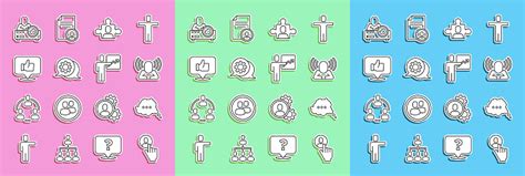 세트 라인 헤드 사냥 스피치 버블 채팅 프로젝트 팀 베이스 핸드 라이 미디어 프로젝터 및 팀 리더 아이콘 벡터 Brand Name Online Messaging