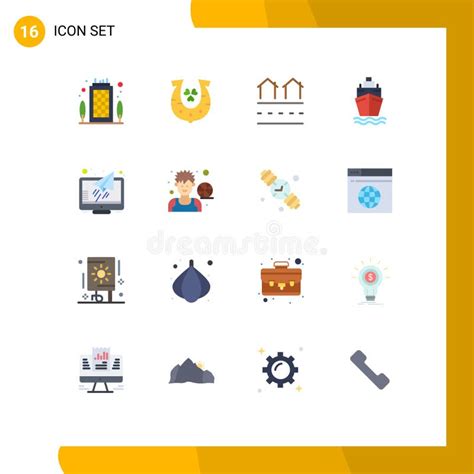 Universal Icon Symbols Group Of 16 Modern Flat Colors Of Monitor Transport Estate Swim