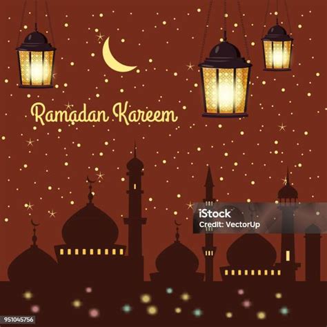 라마단 카림 배경 실루엣의 모스크 밝은 달 밤 별이 빛나는 하늘 초 롱 엽서 벡터 고립 된 일러스트 레이 션 0명에 대한 스톡 벡터 아트 및 기타 이미지 Istock