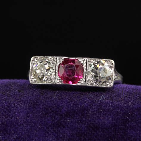 Antique Edwardian Platinum Old Mine Ruby And Diamond Three Stone Ring