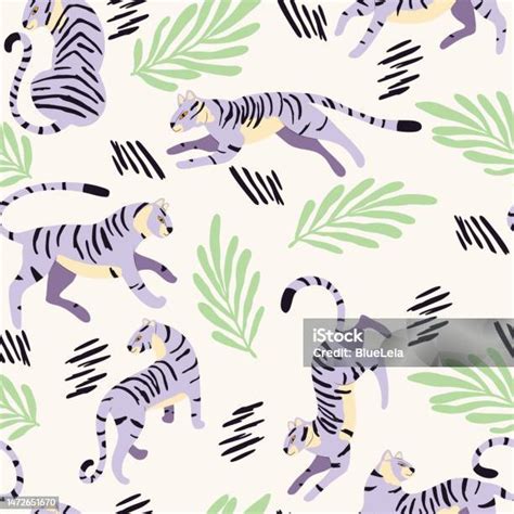 손으로 그린 이국적인 큰 고양이 보라색 호랑이가 있는 매끄러운 패턴으로 흰색 배경에 열대 식물과 추상적인 요소가 있습니다 다채로운 평면 벡터 그림 고양잇과에 대한 스톡 벡터