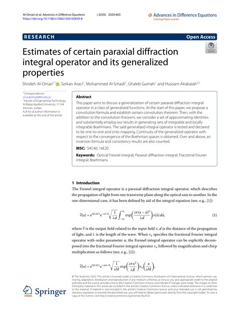 Pdf Estimates Of Certain Paraxial Diffraction Integral Operator And Its Generalized Properties