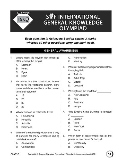 International General Knowledge Olympiad Igko Workbook For Class 5 Mcqs And Achievers Section