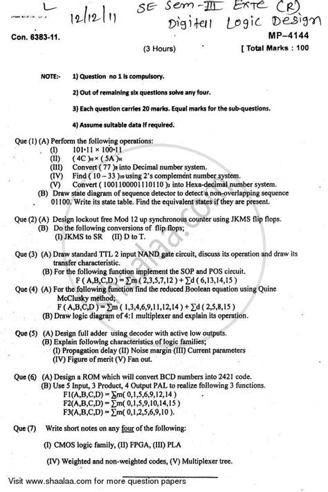 digital logic design 2011 2012 be electronics and telecommunication engineering semester 3 se