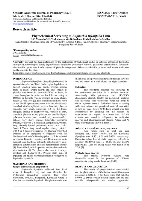 Pdf Phytochemical Screening Of Euphorbia Thymifolia Linn