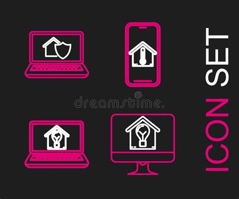 Set Line Computer Monitor With Smart House And Light Bulb Laptop Mobile Phone Temperature And