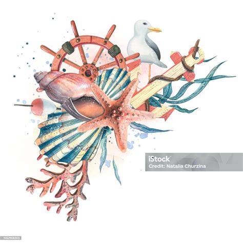 조개 불가사리 산호 스티어링 휠 및 페인트가 튀는 수채화 지점에 구명 부표가있는 해양 구성 바다의 심포니 컬렉션의 일러스트 구도에 대한 스톡 벡터 아트 및 기타 이미지