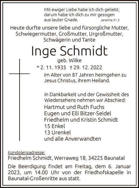 Traueranzeigen Von Inge Schmidt Trauer Hna De
