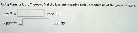 solved using fermats little theorem find the least nonnegative