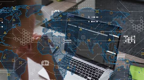 Data Analytics Overlay On World Map Laptop Screen In Office Environment Stock Footage Video
