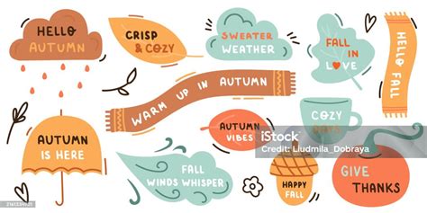 가을 손으로 그린 글자 큰 벡터 세트 가을 시즌 손으로 쓴 슬로건 스티커 팩 귀엽고 포근한 디자인 요소가 있는 가을 문구가 번들로 제공됩니다 가을 분위기 행복한 가을 감사