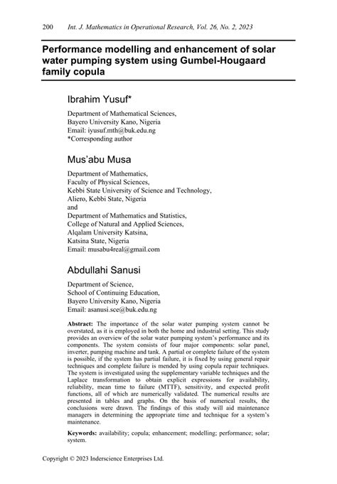 Pdf Performance Modeling And Enhancement Of Solar Water Pumping System Using Gumbel Hougaard
