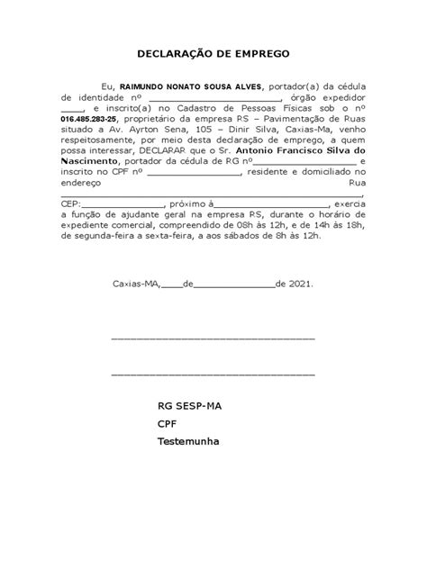Declaração De Emprego Pdf