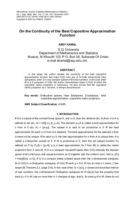 Pdf On The Continuity Of The Best Copositive Approximation Function