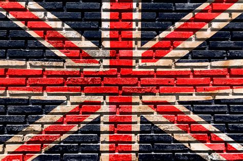 오래 된 벽돌 벽 페인트 컬러 복사 영국 플래그 질감 배경 및 블랙 드롭 갈색에 대한 스톡 사진 및 기타 이미지 갈색 거친 건물 외관 Istock