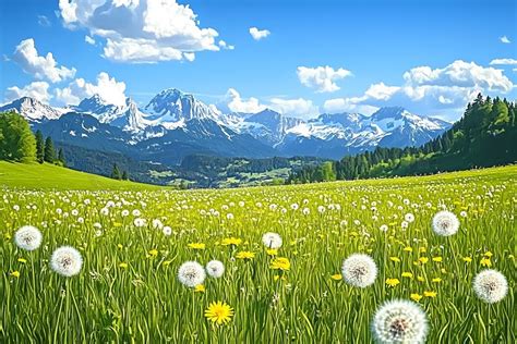 蓝天白云ai数字艺术 春天写实风格自然风光草地雪山蓝天白云蒲公英插画 Ai插画免费下载png格式4032像素编号71564246 千图网