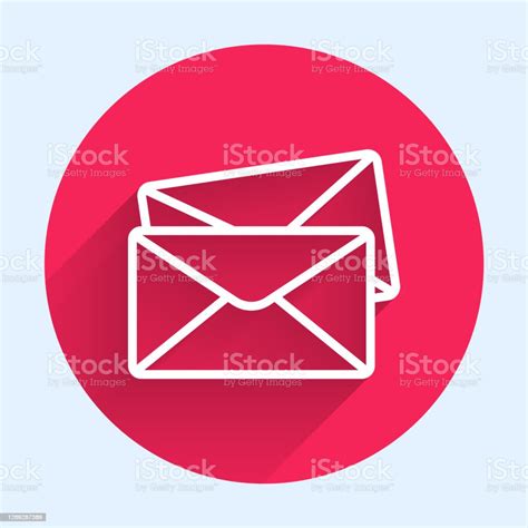 긴 그림자로 격리된 흰색 선 봉투 아이콘입니다 전자 메일 메시지 문자 기호입니다 빨간색 원 버튼입니다 벡터 일러스트레이션 개념에 대한 스톡 벡터 아트 및 기타 이미지