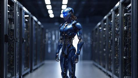Futuristic Cyborg With Robotic Arm Stands In Illuminated Server Room Stock Illustration