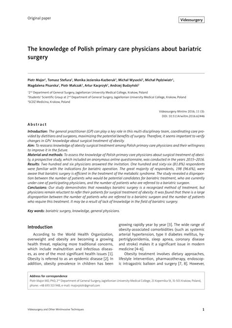 Pdf The Knowledge Of Polish Primary Care Physicians About Bariatric Surgery
