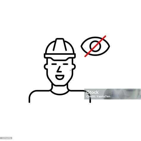 줄이 그어진 눈을 가진 안전모를 착용 한 남자의 벡터 아이콘은 제한된 액세스 숨겨진 안전 상태 또는 기밀 건설 정보를 상징합니다 산업용 앱 안전 플랫폼 및 개인 정보 보호