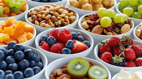 Variety Of Healthy Snacks In White Bowls Background Variety Healthy