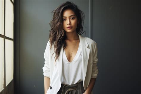 Premium Photo Young Attractive Asian Woman White Singlet And Unbuttoned Blazer At Blurred