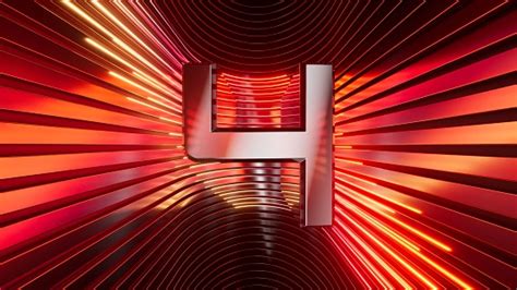 배경에 구부러진 빨간색 네온 라인이 있는 금속 숫자 4의 3d 렌더링 미래 지향적인 숫자 4 Led 조명에 대한 스톡 사진 및 기타 이미지 Istock