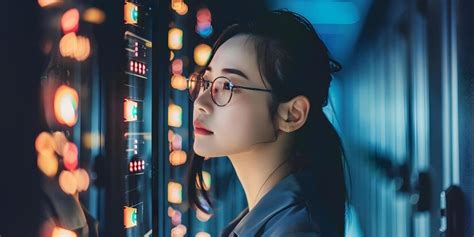 Enhancing Cybersecurity Asian Woman Updating Firewall In It Server Room
