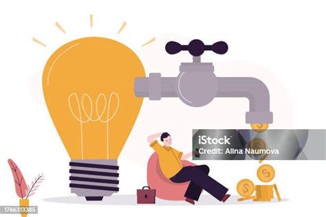 혁신 아이디어의 현금 흐름 수도꼭지를 열면 수도꼭지에서 금화가 떨어집니다 사업가는 이익을 취합니다 금융 수도꼭지 행복한 사업가는