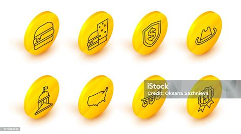 별 카니발 화환 깃발 미국지도 백악관 서부 카우보이 모자 방패 달러 버거 및 아이콘이있는 세트 라인 메달 벡터 3차원 형태에 대한 스톡 벡터 아트 및 기타 이미지 Istock