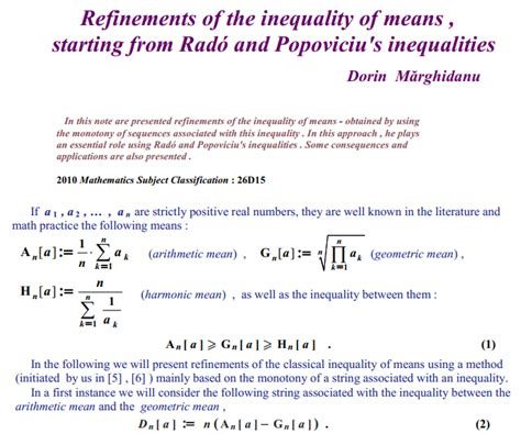 Refinements Of The Inequality Of Means Romanian Mathematical Magazine
