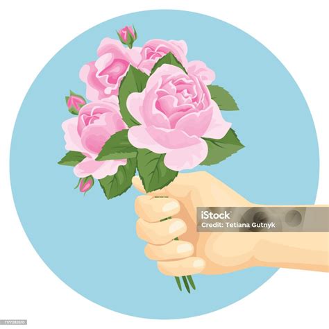 손은 분홍색 장미의 꽃다발을 제공합니다 아름 다운 꽃을 선물로 도는 것 인사말 카드 배너 만화 간단한 플랫 스타일의 벡터 꽃 축제 그림입니다 꽃 식물에 대한 스톡 벡터 아트
