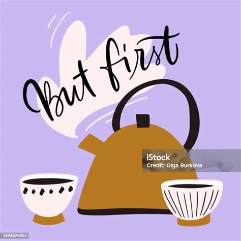 벡터 서예 일러스트레이션 레트로 그루비 요소 두 개의 흰색 컵의 귀여운 아이콘 냄비 Ibut의 슬로건 인쇄가 먼저 플랫 스타일 광고 광고에 대한 개념 그래픽 티 티셔츠 또는