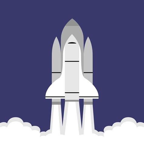Rocket Ship Flies Up With Sky Clouds On Purple Background Vector Illustration With Flying