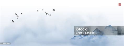 안개에 먼 푸른 산과 하늘에 새의 무리와 미니멀 한 풍경 일본의 전통 잉크 워시 페인팅 스미e 상형 문자의 번역 선명도 수묵화에 대한 스톡 벡터 아트 및 기타 이미지