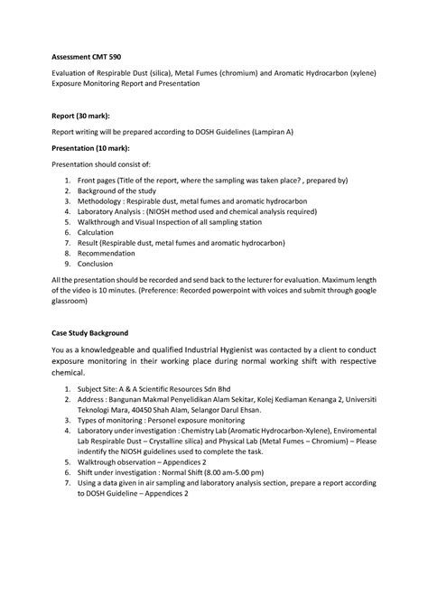 Asssignment Cmt590 Assignment Question Assessment Cmt 590 Evaluation Of Respirable Dust