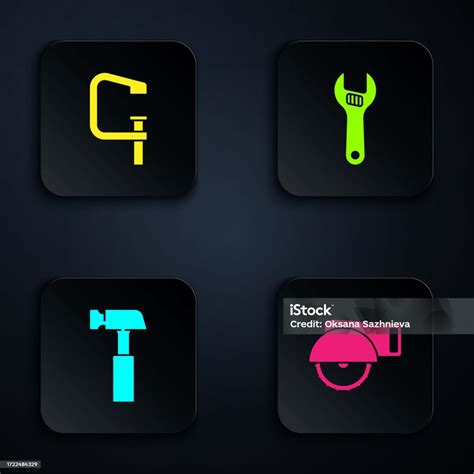 전기 원형 톱 클램프 및 나사 도구 망치 및 조정 가능한 렌치를 설정하십시오 검은색 사각형 버튼입니다 벡터 갈고리 발톱에 대한 스톡 벡터 아트 및 기타 이미지 Istock