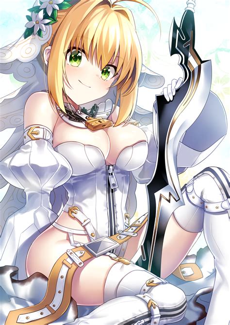 Saber Bride Fate Extra Blonde Hair Blush Breasts Dress Green Eyes