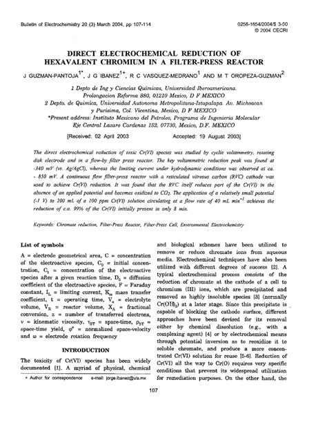 Pdf Direct Electrochemical Reduction Of Hexavalent Chromium In A Filter Press Reactor