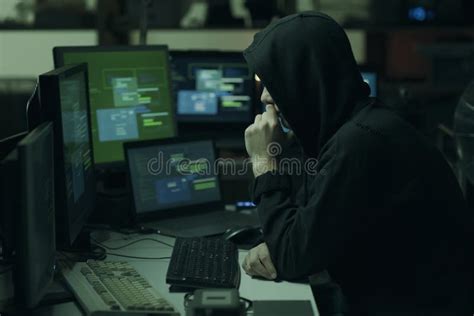 Hacker With Hoodie Working With A Computer Stock Image Image Of