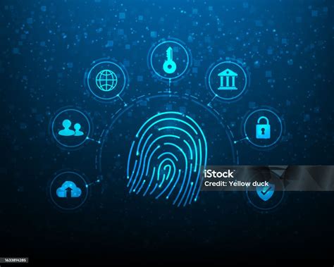 파란색 배경에 디지털 지문 사이버 보안 기술 전자 키 및 코드 안전 아이콘 사이버 정보 보호 자물쇠 벡터 일러스트레이션 환상적인 기술 디자인 신분에 대한 스톡 벡터 아트 및
