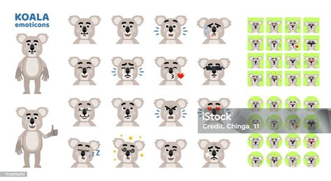 만화 코알라 이모티콘 세트입니다 다양 한 표정을 보여주는 재미 있는 코알라 이모티콘 행복 하 고 슬픈 눈물 분노 웃음 수 면과 다른 감정을 생각 감정에 대한 스톡 벡터 아트