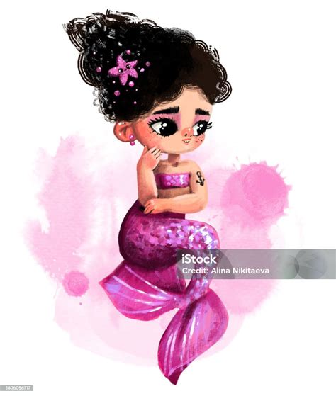 귀여운 핑크 수채화 인어 수중 소녀 물고기 꼬리 반짝이는 불가사리 캐릭터 보육원 사랑스러운 아이 0명에 대한 스톡 벡터 아트 및