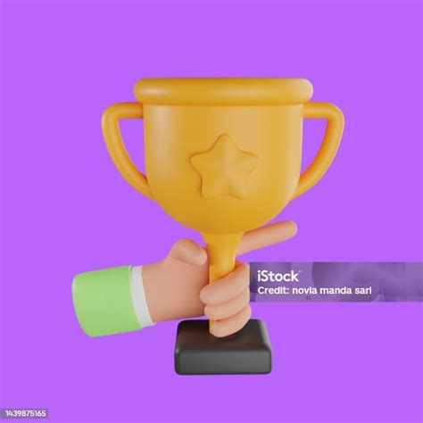 트로피 컵을 들고 있는 3d 손 손에 3d 트로피 컵 아이콘입니다 3d는 골든 컵으로 우승자를 축하하고 수상자에게는 손을 잡고 별이 있습니다 3차원 형태에 대한 스톡 사진