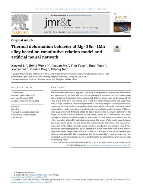 Pdf Thermal Deformation Behavior Of Mg 3sn 1mn Alloy Based On Constitutive Relation Model And