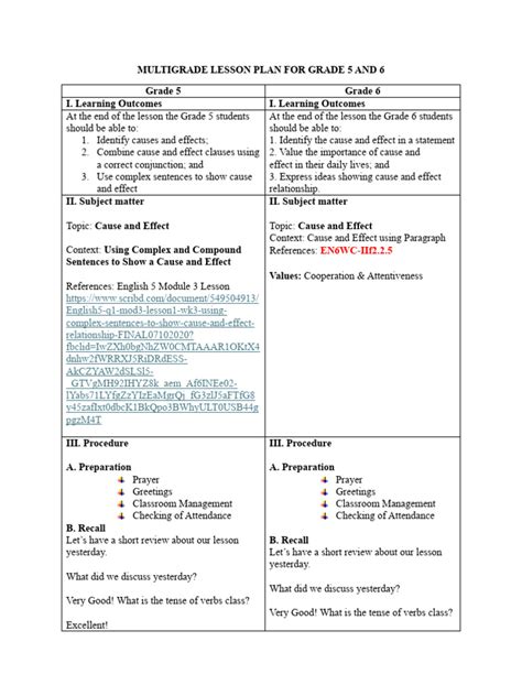 Multigrade Lesson Plan For Grade 5 And 6 Pdf Sentence Linguistics Causality