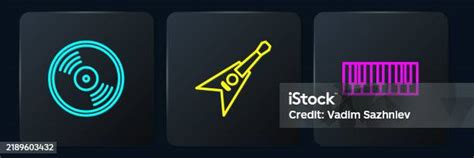 세트 라인 비닐 디스크 음악 신디사이저 및 일렉트릭 베이스 기타 검은색 사각형 버튼입니다 벡터 Dj에 대한 스톡 벡터 아트 및 기타 이미지 Istock