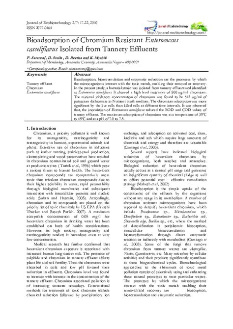 Pdf Bioadsorption Of Chromium Resistant Enterococcus Casseliflavus Isolated From Tannery Effluents