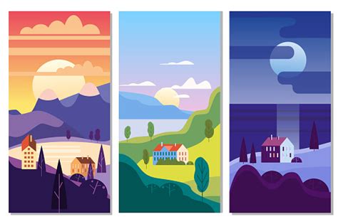 풍경 시골 교외 전통적인 건물 언덕과 나무는 트렌디 한 최소한의 기하학적 플랫 스타일에 바다 태양을 산 벡터 분리 된 수직 소셜 미디어 이야기 배너 포스터 템플릿 0명에